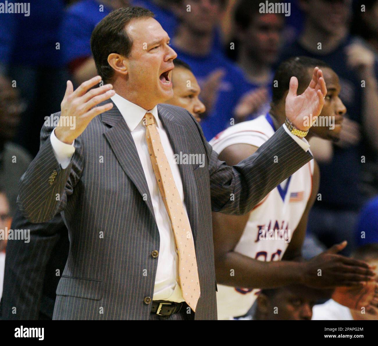 Kansas coach Bill Self yells to his team during the first half of their ...