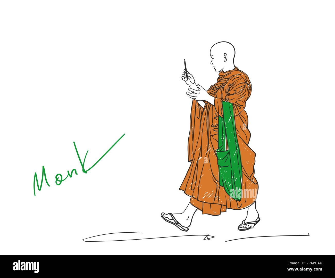Colored sketch of walking buddhist monk with smart phone in hand, Hand ...