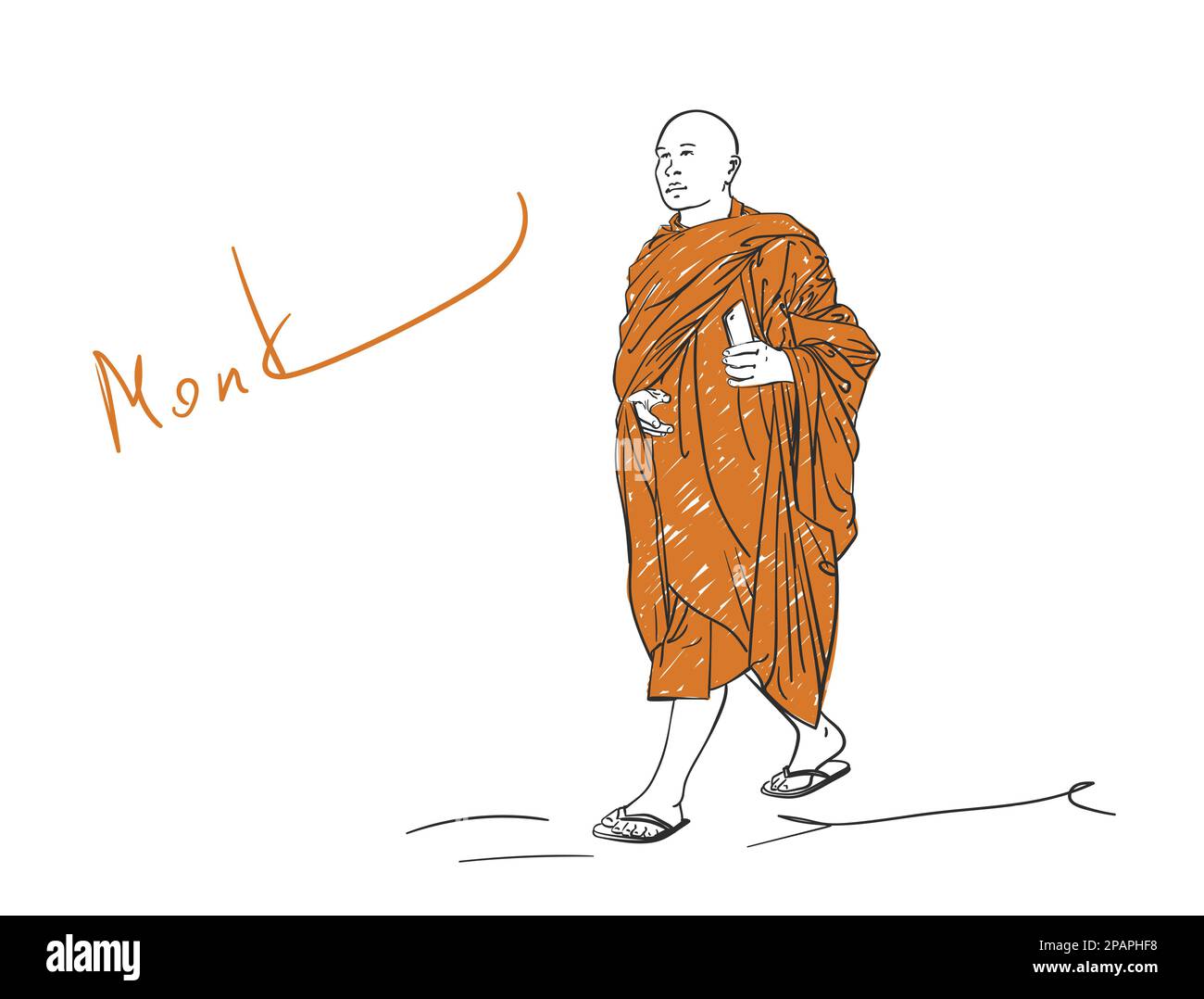 Colored sketch of walking buddhist monk with smart phone in hand, Hand ...