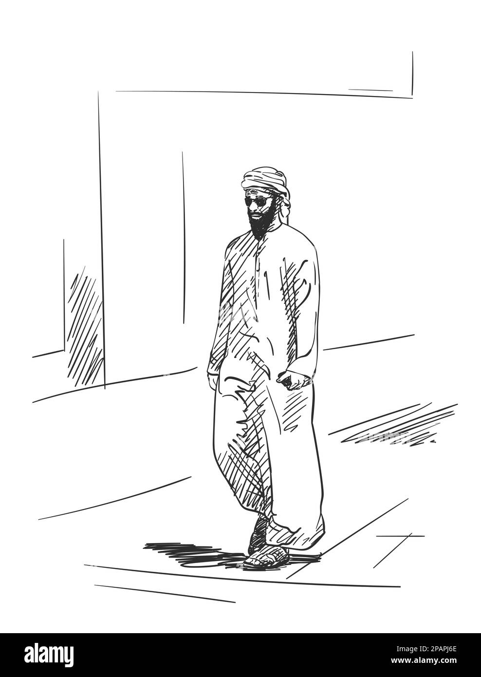 Sketch of muslim arabic man in traditional clothes walking outside ...
