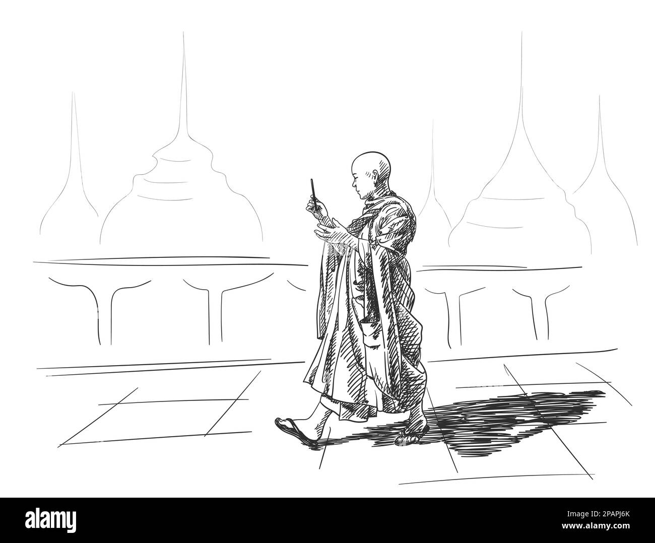 Sketch of buddhist monk with smart phone in hand walking outside temple ...
