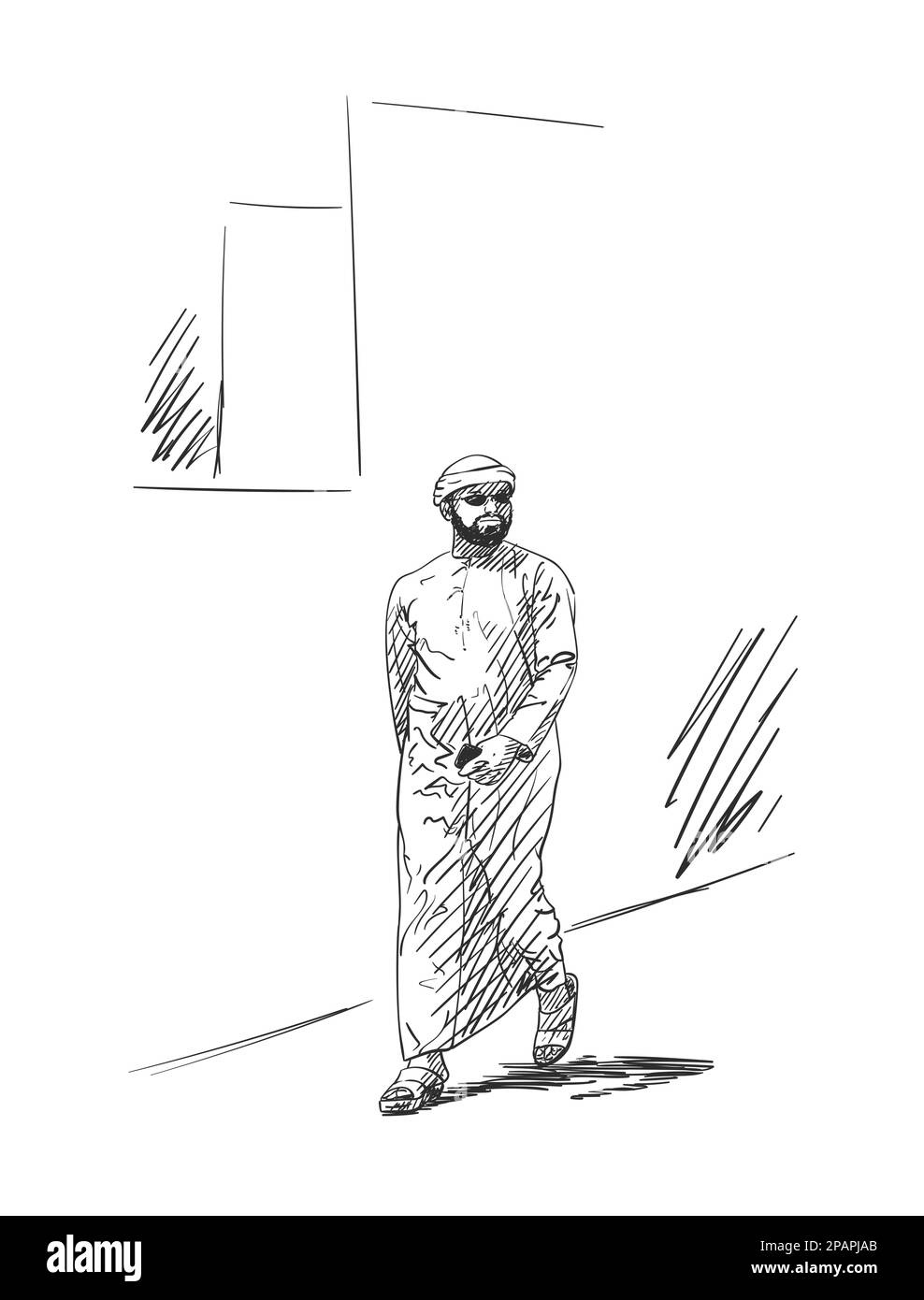 Sketch of muslim arabic man in traditional clothes walking outside ...