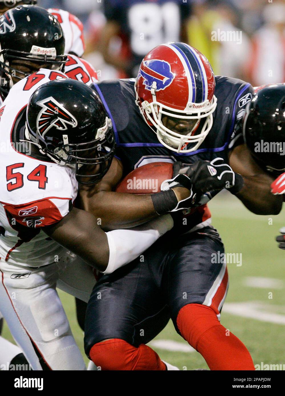 ** FILE ** Buffalo Bills' Kevin Everett is tackled by Atlanta Falcons ...