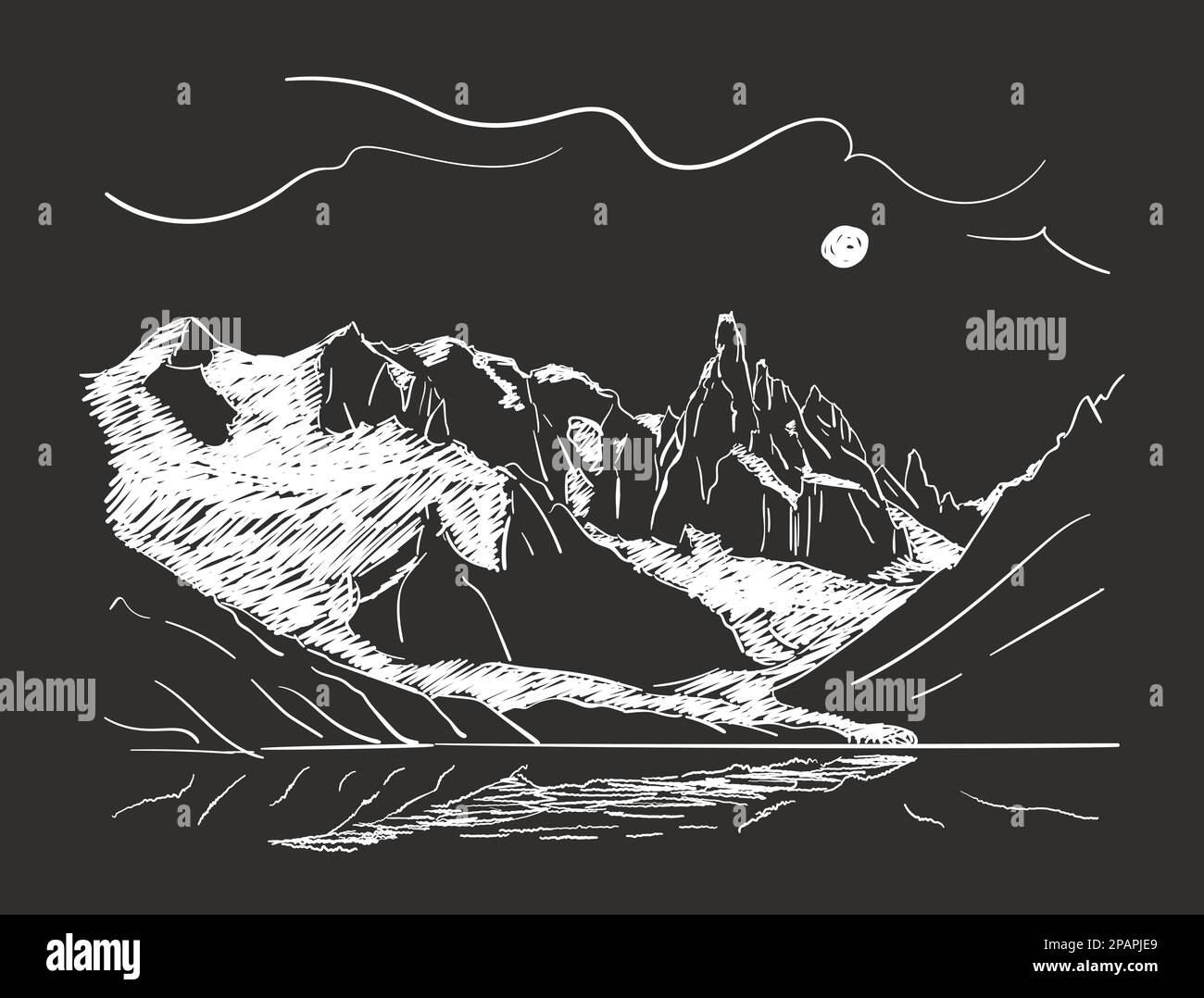 Linear sketch of Cerro Torre mountain massif and Lagoon Torre in ...