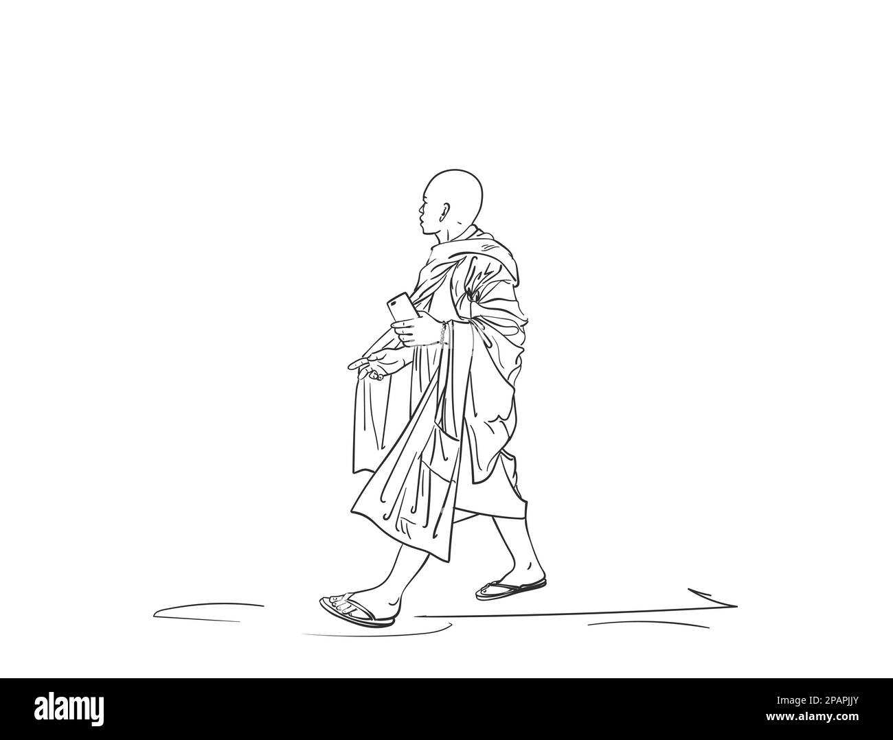 Sketch of walking buddhist monk with smart phone in hand, Hand drawn ...