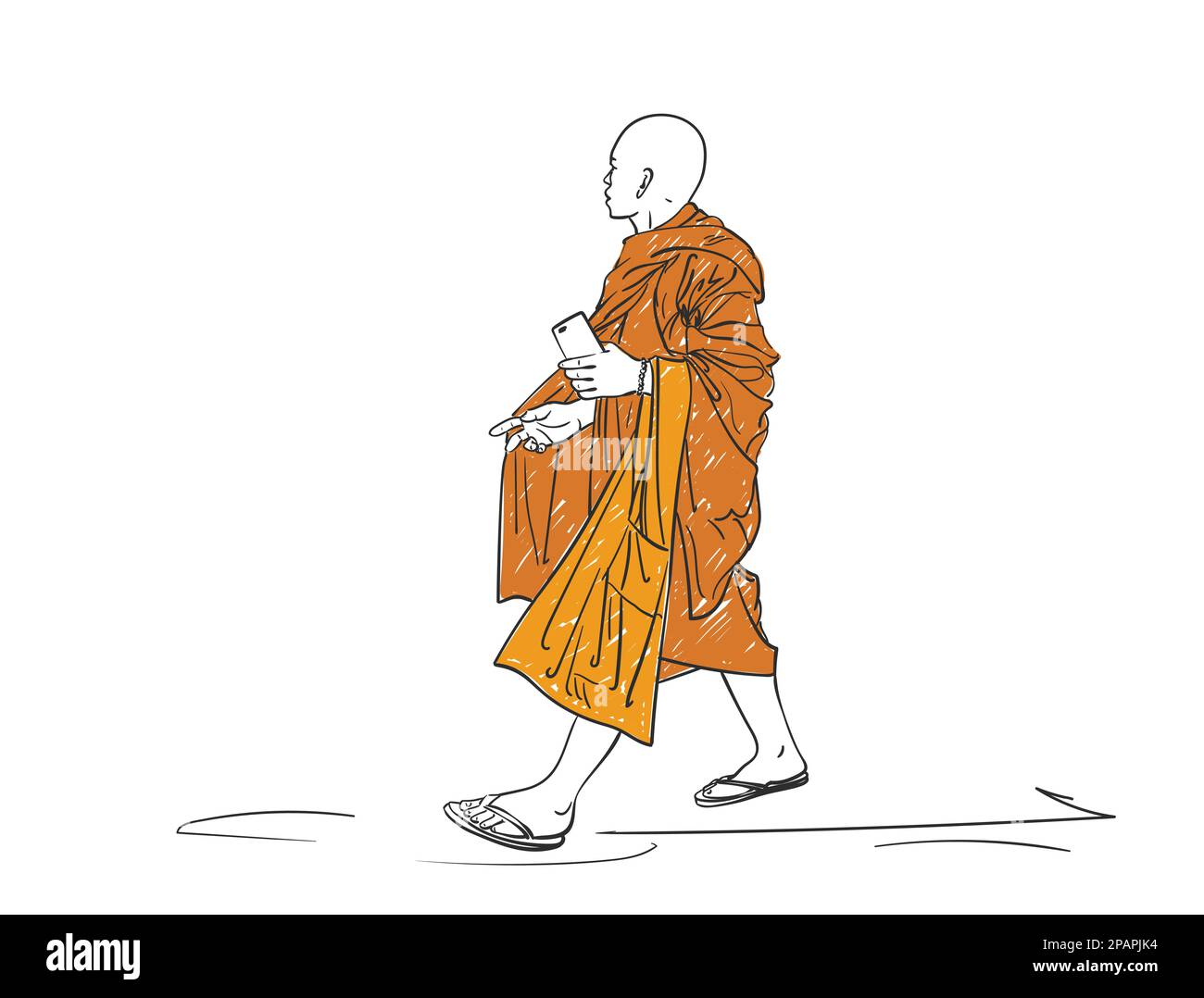 Colored sketch of walking buddhist monk with smart phone in hand, Hand ...