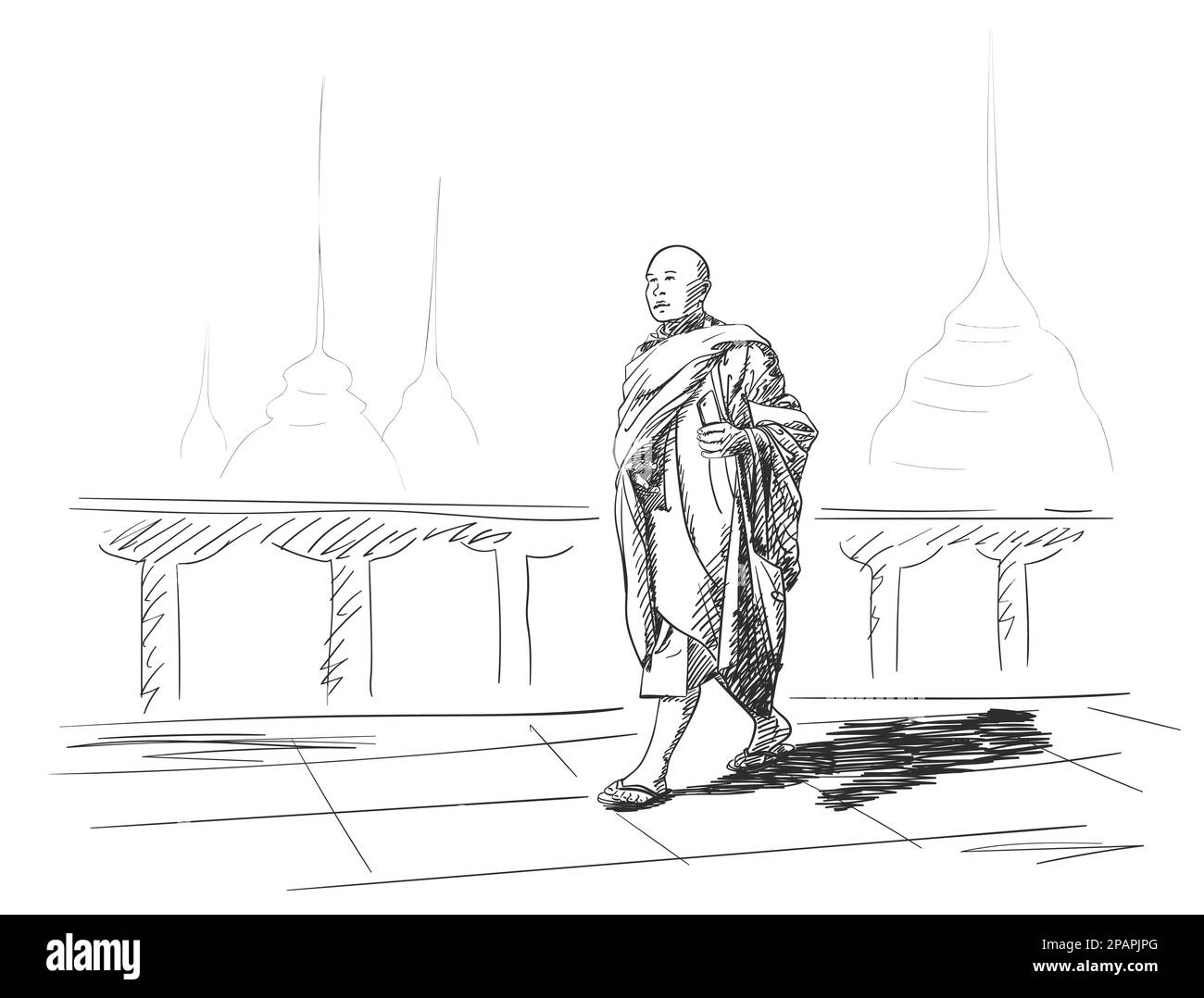 Sketch of buddhist monk with smart phone in hand walking outside temple ...