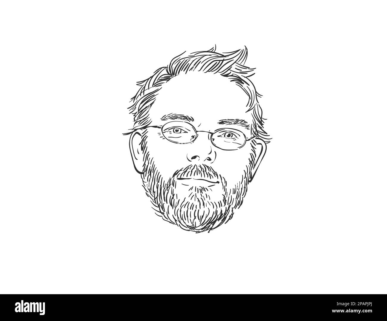 Isolated head of unshaven man wearing eyeglasses, with shaggy hair and ...