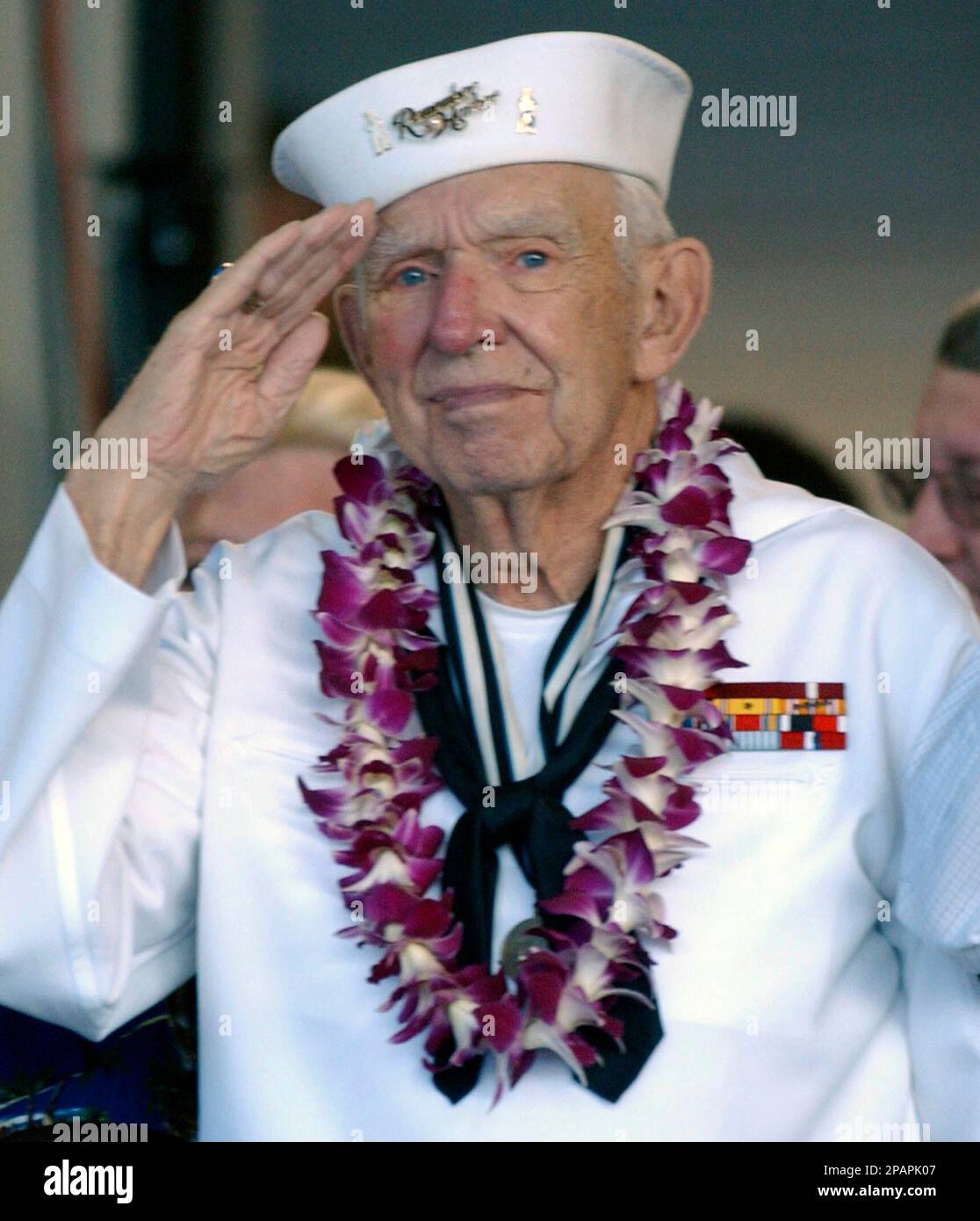 Pearl Harbor and USS Oklahoma survivor George A, Smith, left, salutes ...