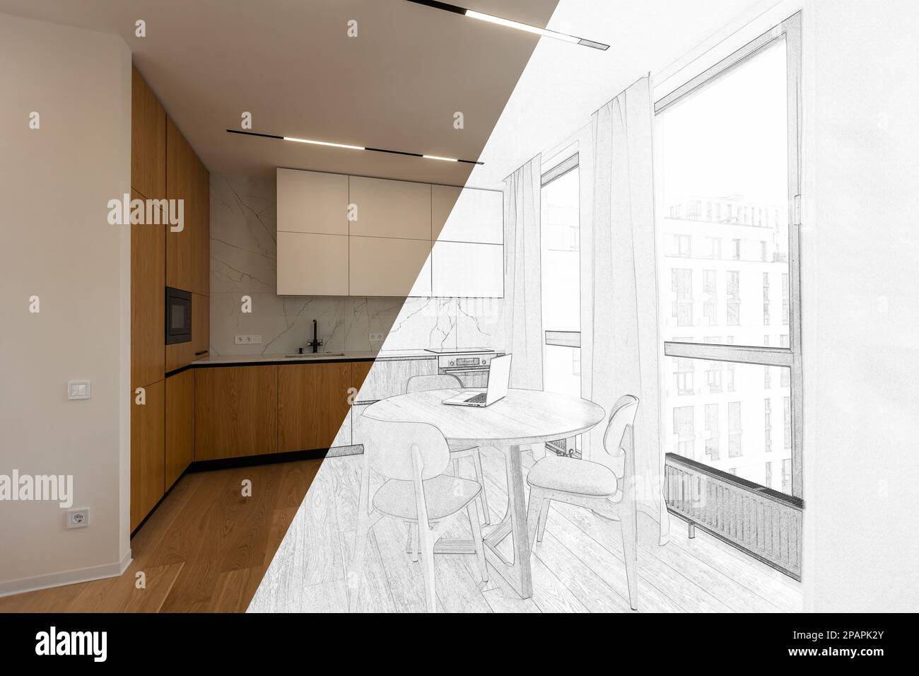 kitchen interior design. Combination of photo and sketch Stock Photo ...