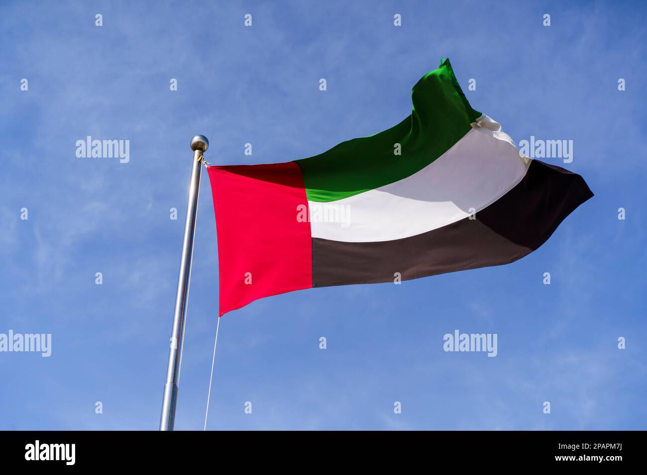 Flag Of The Uae On Background Of The Sky In Dubai Arab Emirates