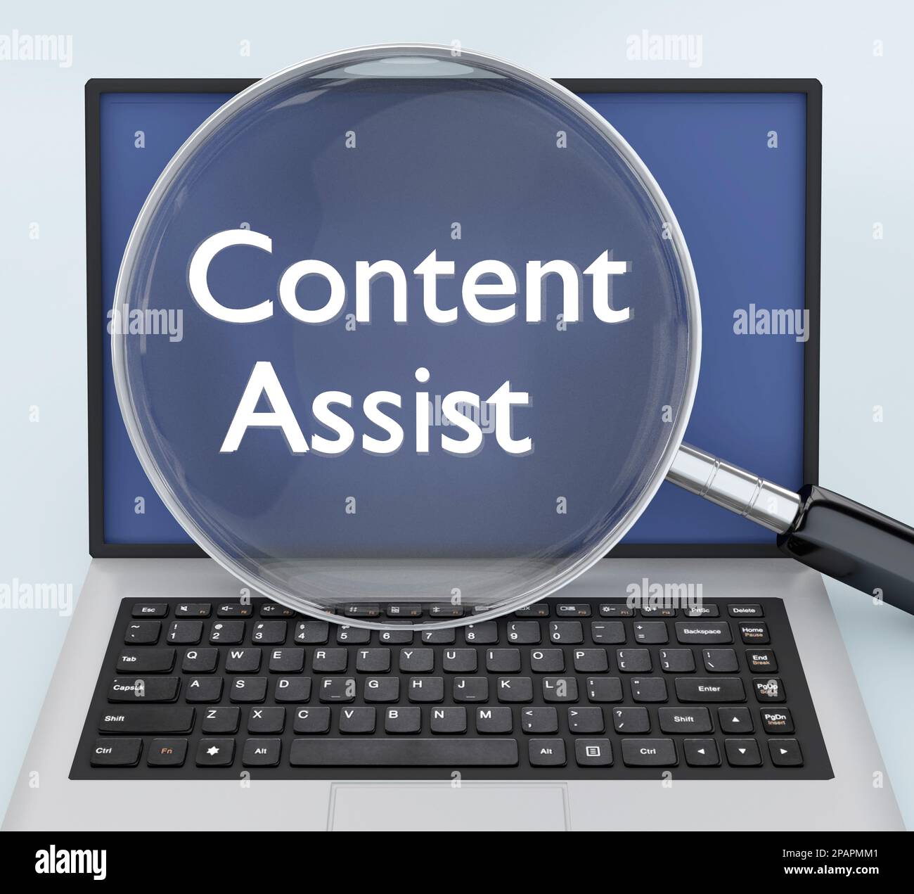 3D illustration of Content Assist script under a magnifying glass over a laptop's screen Stock ...