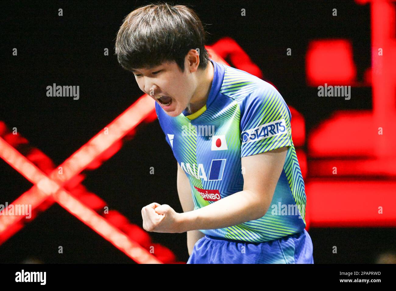 Singapore. 12th Mar, 2023. Harimoto Tomokazu of Japan reacts during the ...