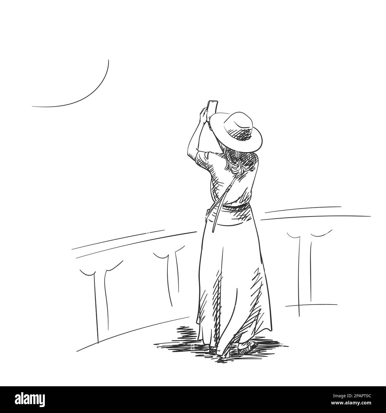Woman in hat taking photo with smart phone, Hand drawn illustration ...