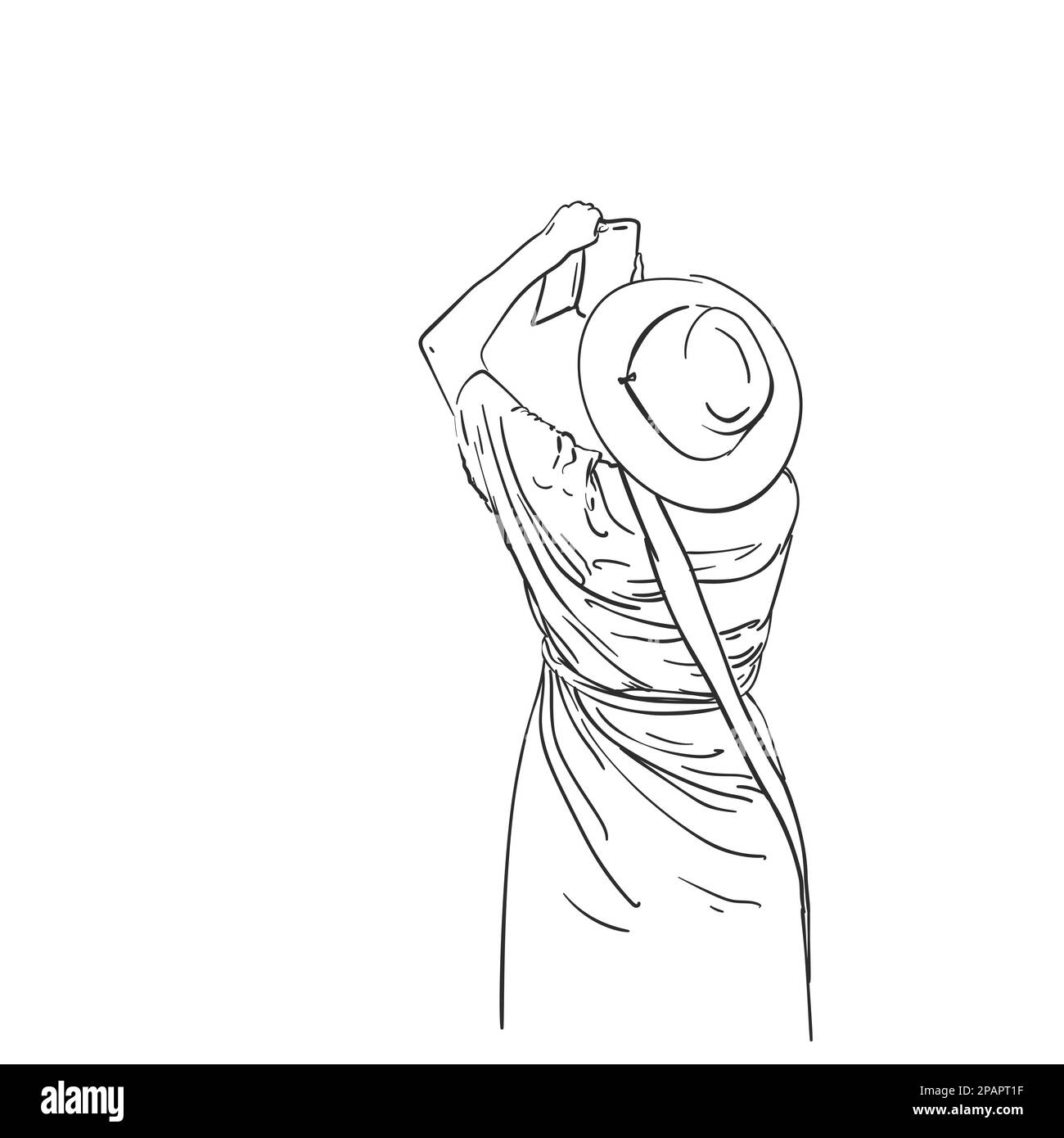Sketch Of Woman In Hat Taking Photo With Smart Phone Hand Drawn Vector