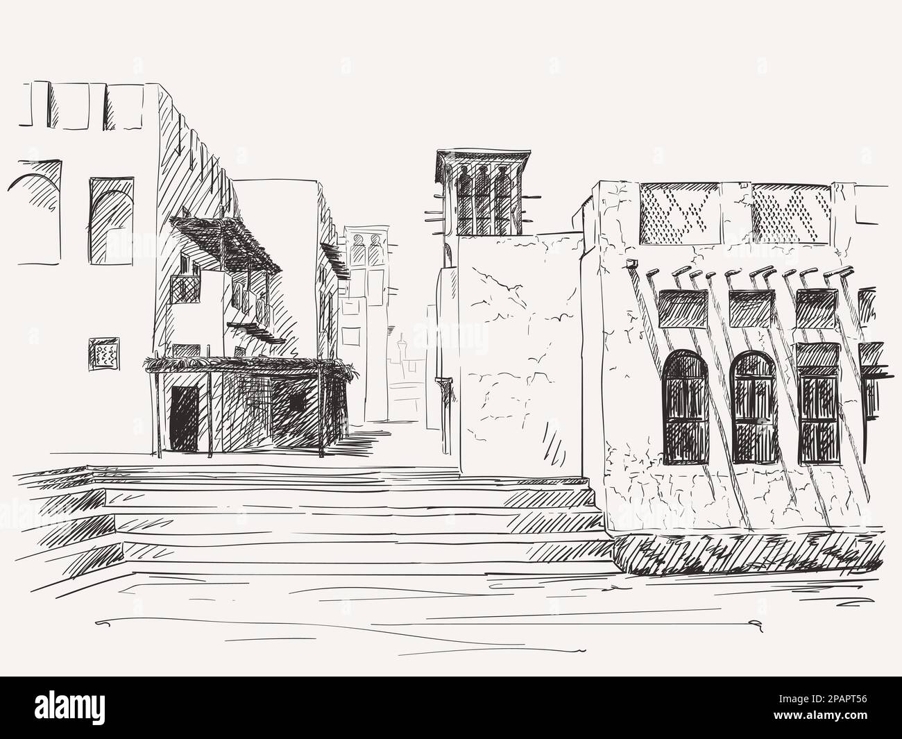 Sketch of old Dubai heritage city architecture, Hand drawn vector ...
