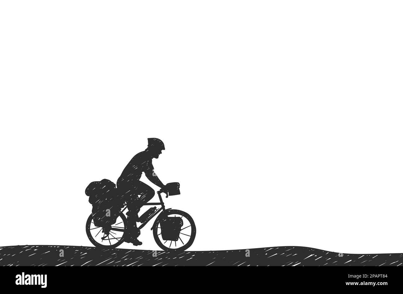 Man riding touring bicycle with bags silhouette hand drawn vector ...
