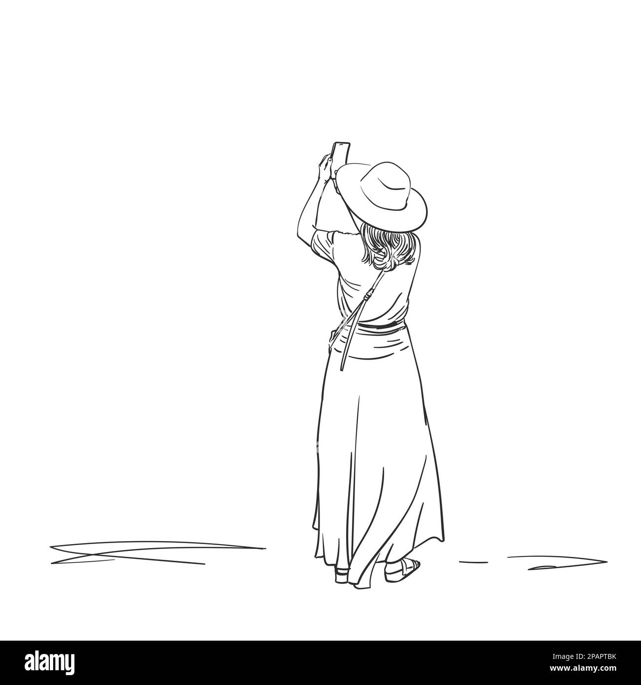 Sketch of woman in hat taking photo with smart phone, Hand drawn vector ...