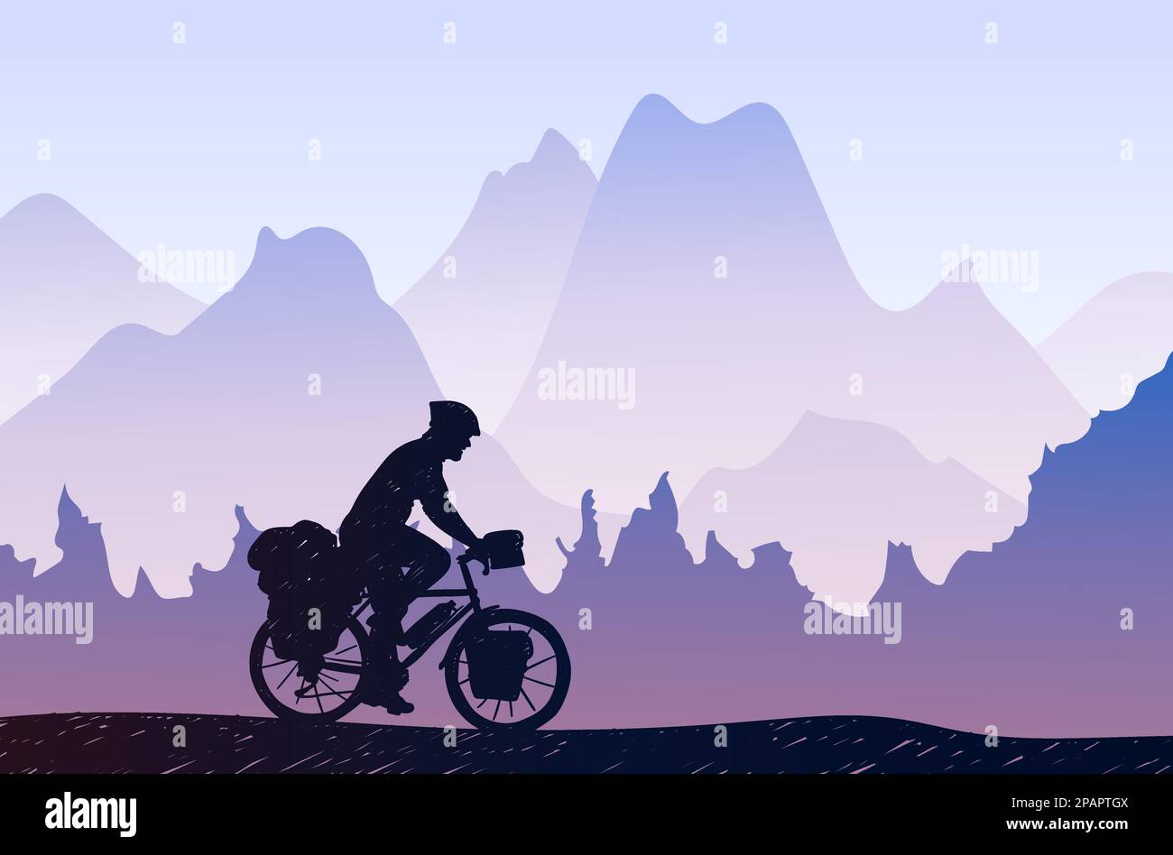 Man riding touring bicycle with bags with mountains background ...