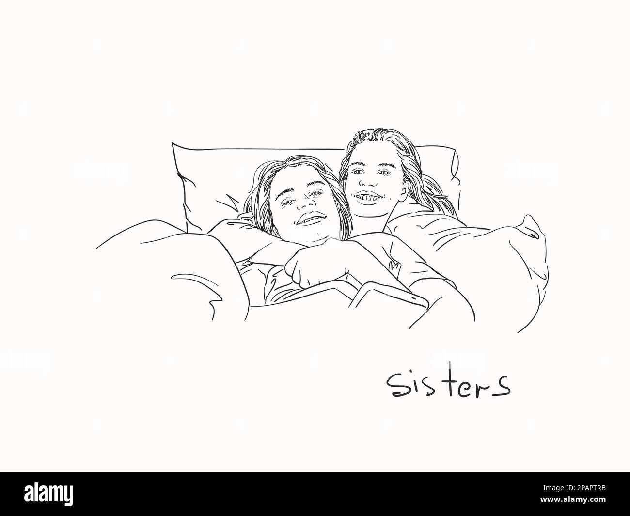 Sketch of two happy teenage sisters lying in bed, hugging each other ... Sketch of two happy teenage sisters lying in bed, hugging each other ...