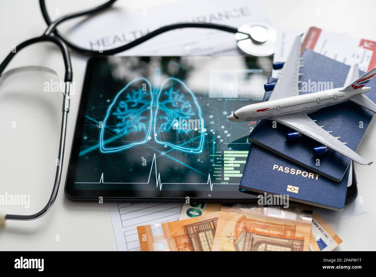 Modern social health insurance program. Tablet computer with healthcare ...