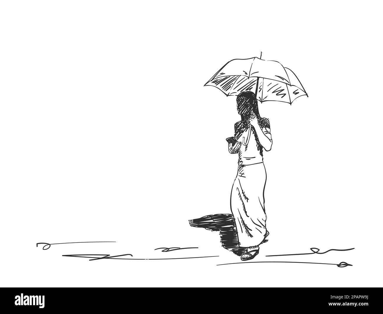 Sketch Of Walking Girl With Sun Umbrella Hand Drawn Vector