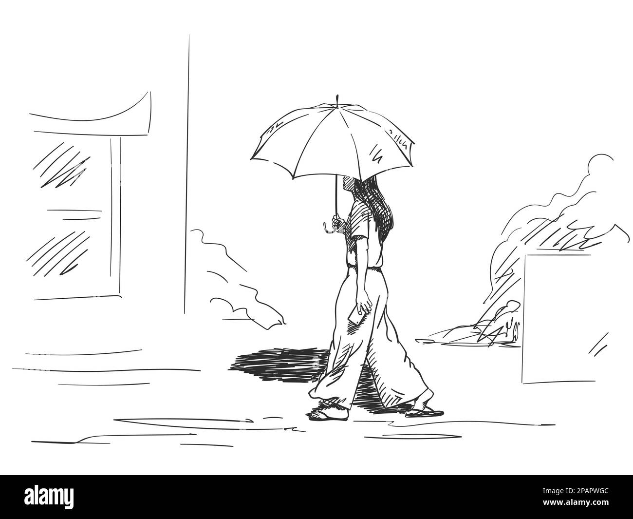 Sketch of walking girl with sun umbrella, back view, Hand drawn vector ...