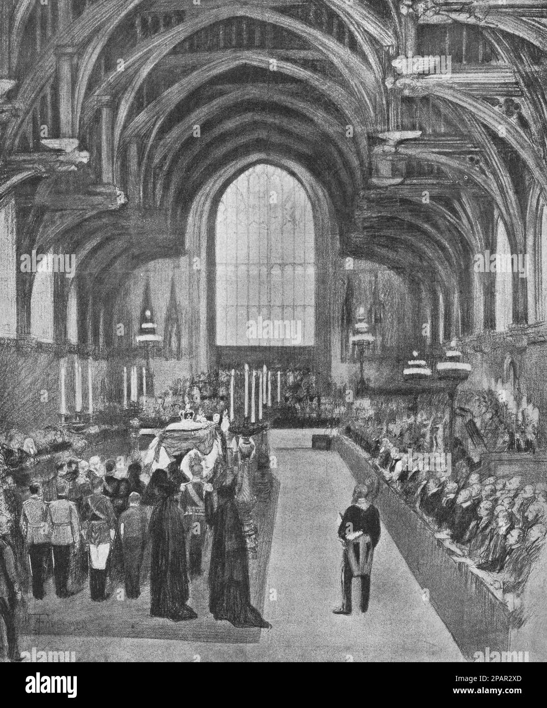 The coffin with the body of Edward VII in Westminster Hall for a national farewell. Drawing from ...