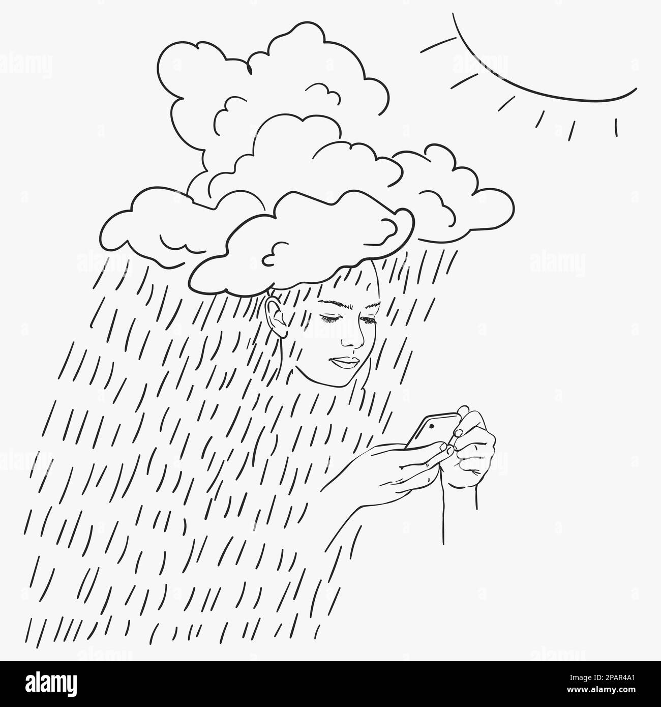 Sketch of young girl face with rain cloud on her head using smartphone ...