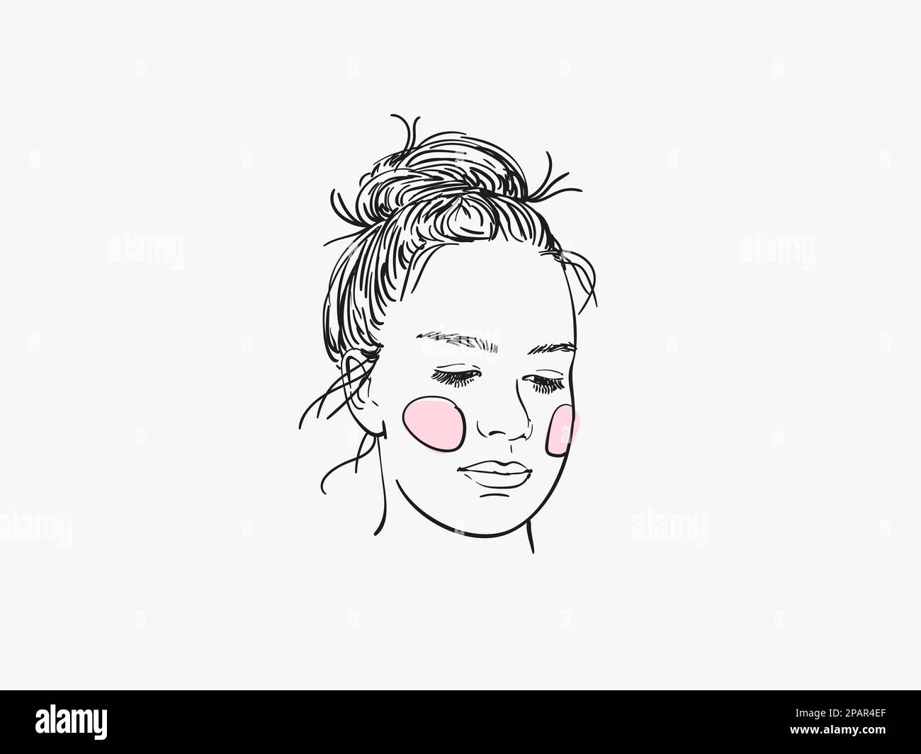 Sketch of girl's head with pink cheeks, serious eyes looking down, Hand ...