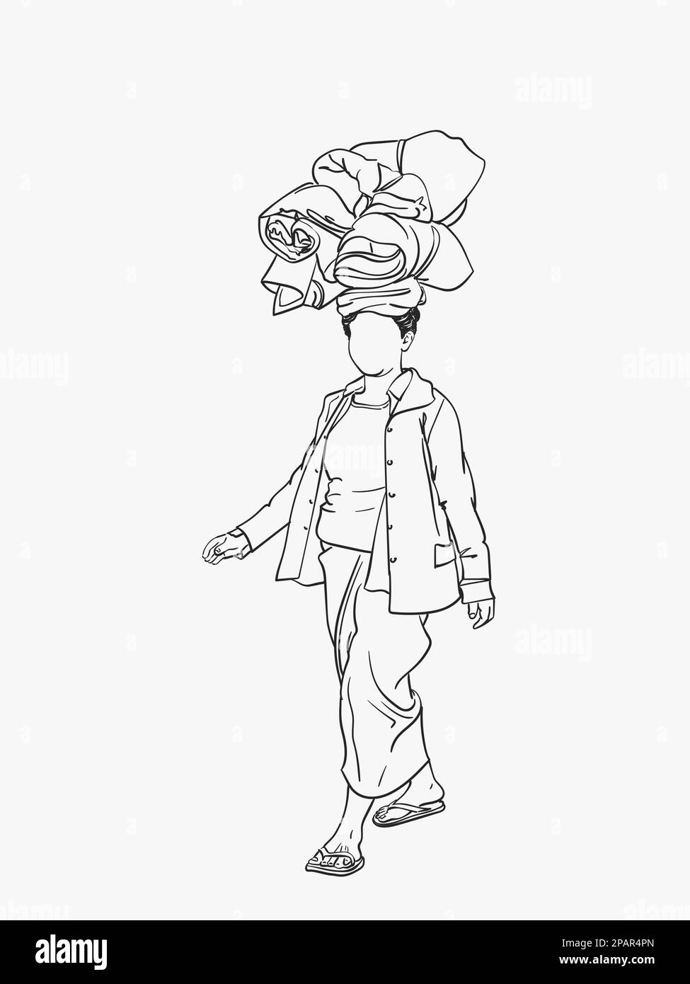 Burmese woman with no face is carrying big load on her head, Vector ...