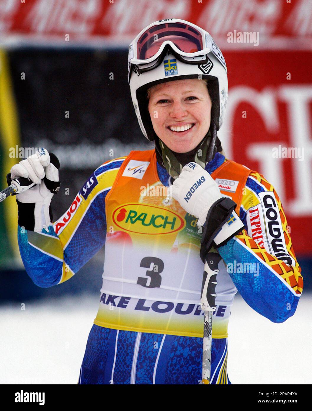 Jessica Lindell-Vikarby, of Sweden, celebrates her third place finish ...