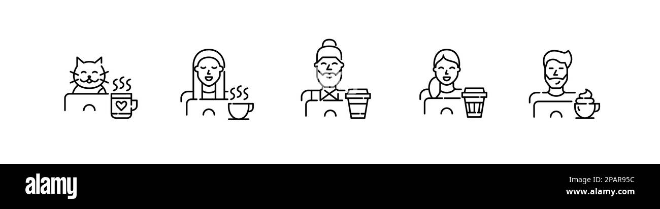 People and cat having coffee while working at laptop. Pixel perfect ...