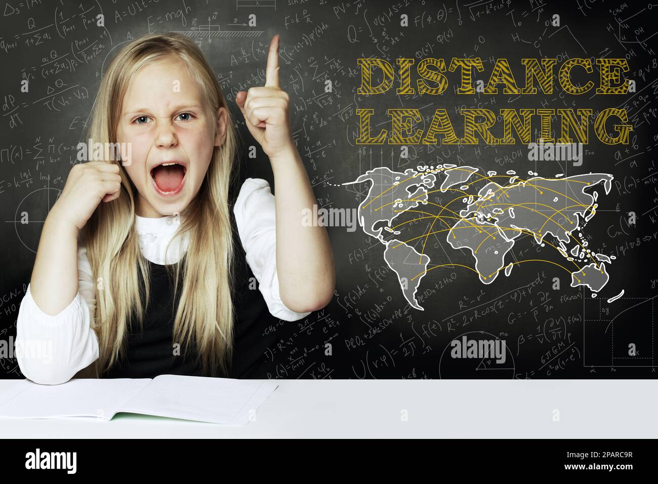 Pupil, student, blonde child girl and science background. Distance ...