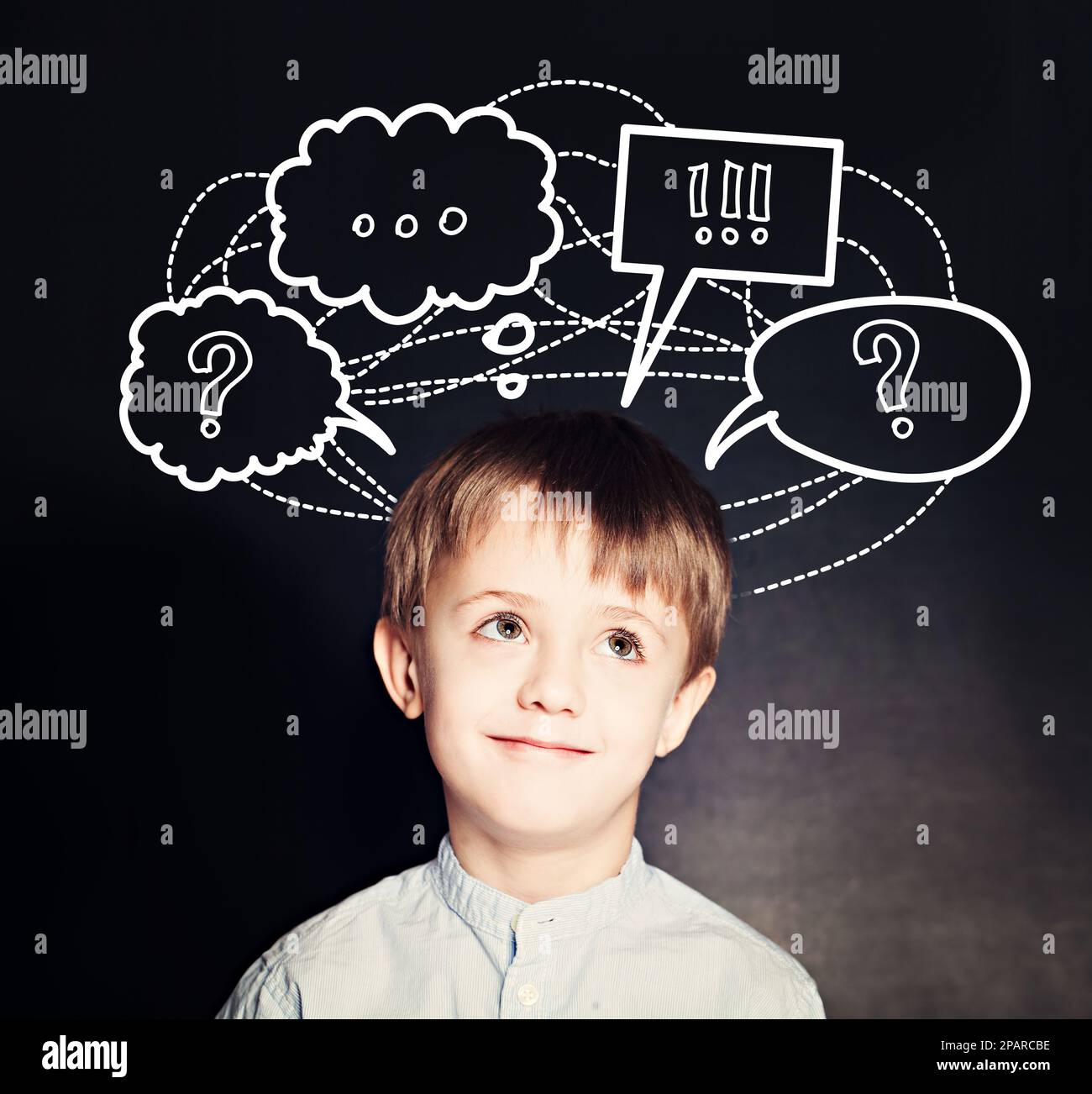 Cute Child School Boy on Blackboard Background with question marks ...