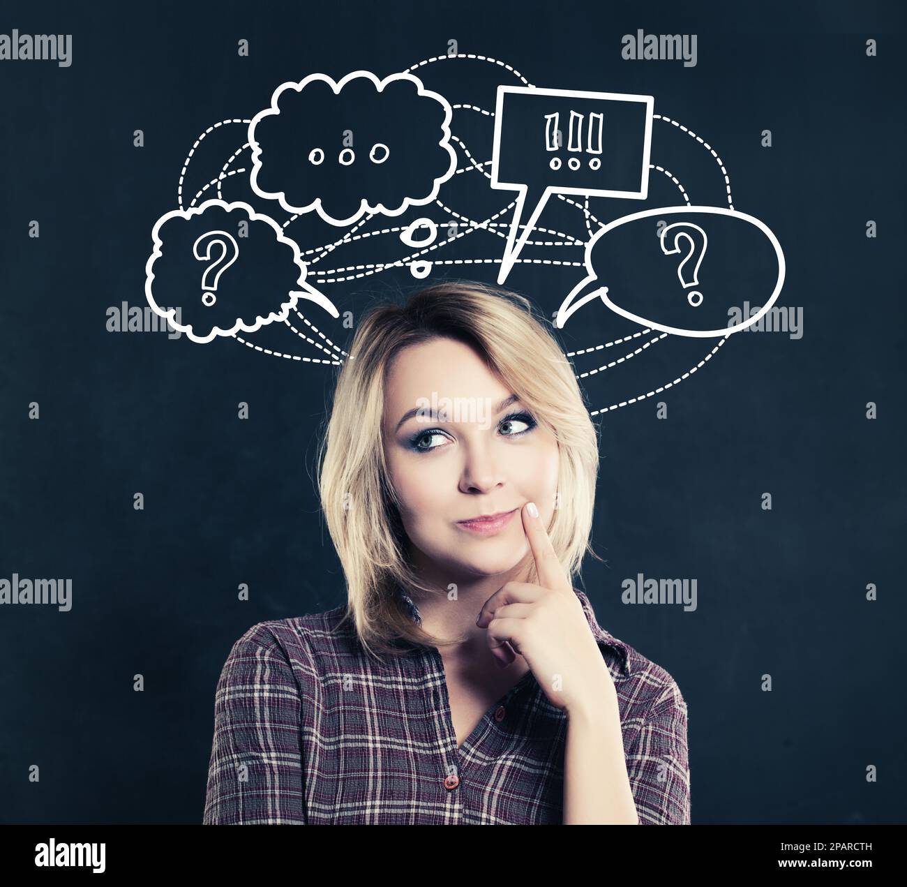 Thinking Woman on Dark Background with question mark icons Stock Photo ...