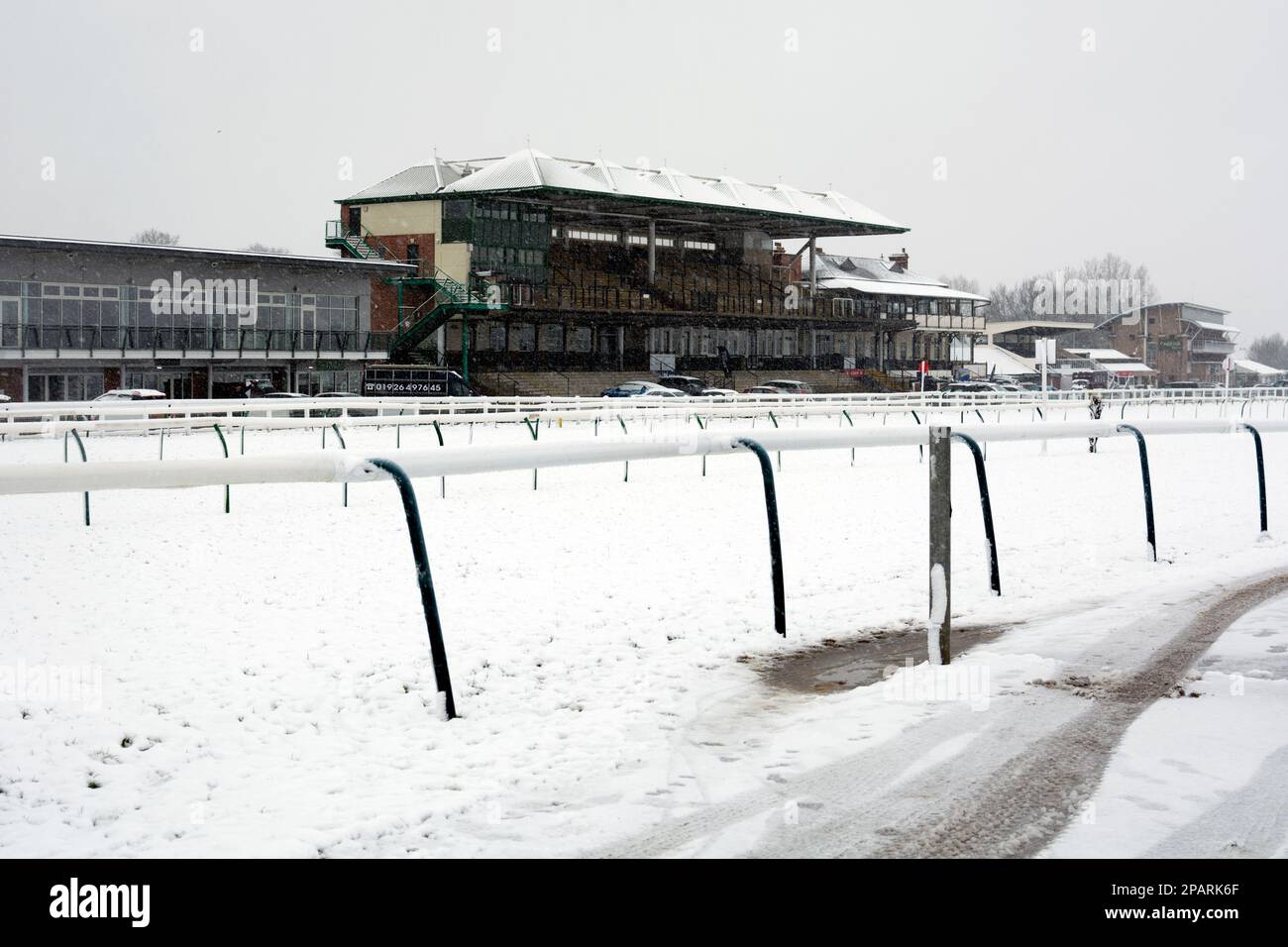 Warwick Racecourse in snowy weather, Warwickshire, England, UK Stock ...