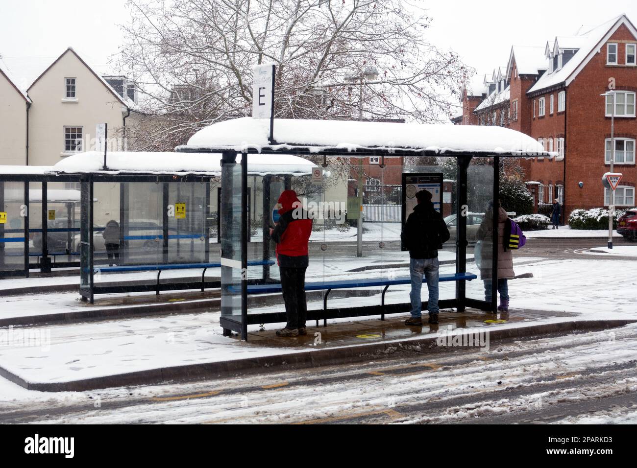 Bus shelters in snowy weather, Warwick bus station, Warwickshire, UK ...