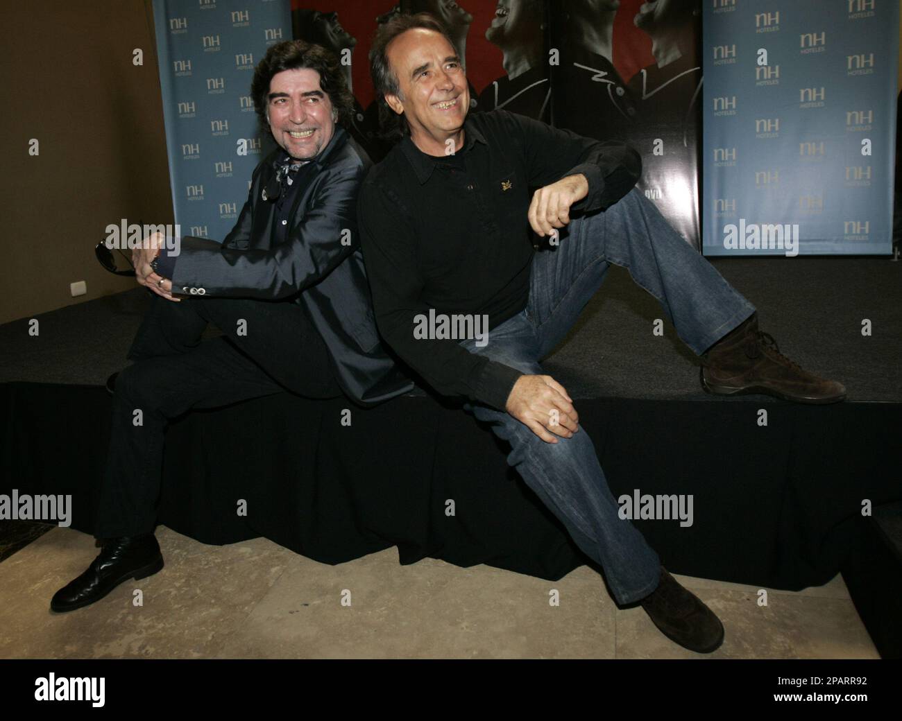 Spanish singers Joan Manuel Serrat, right, and Joaquin Sabina pose ...