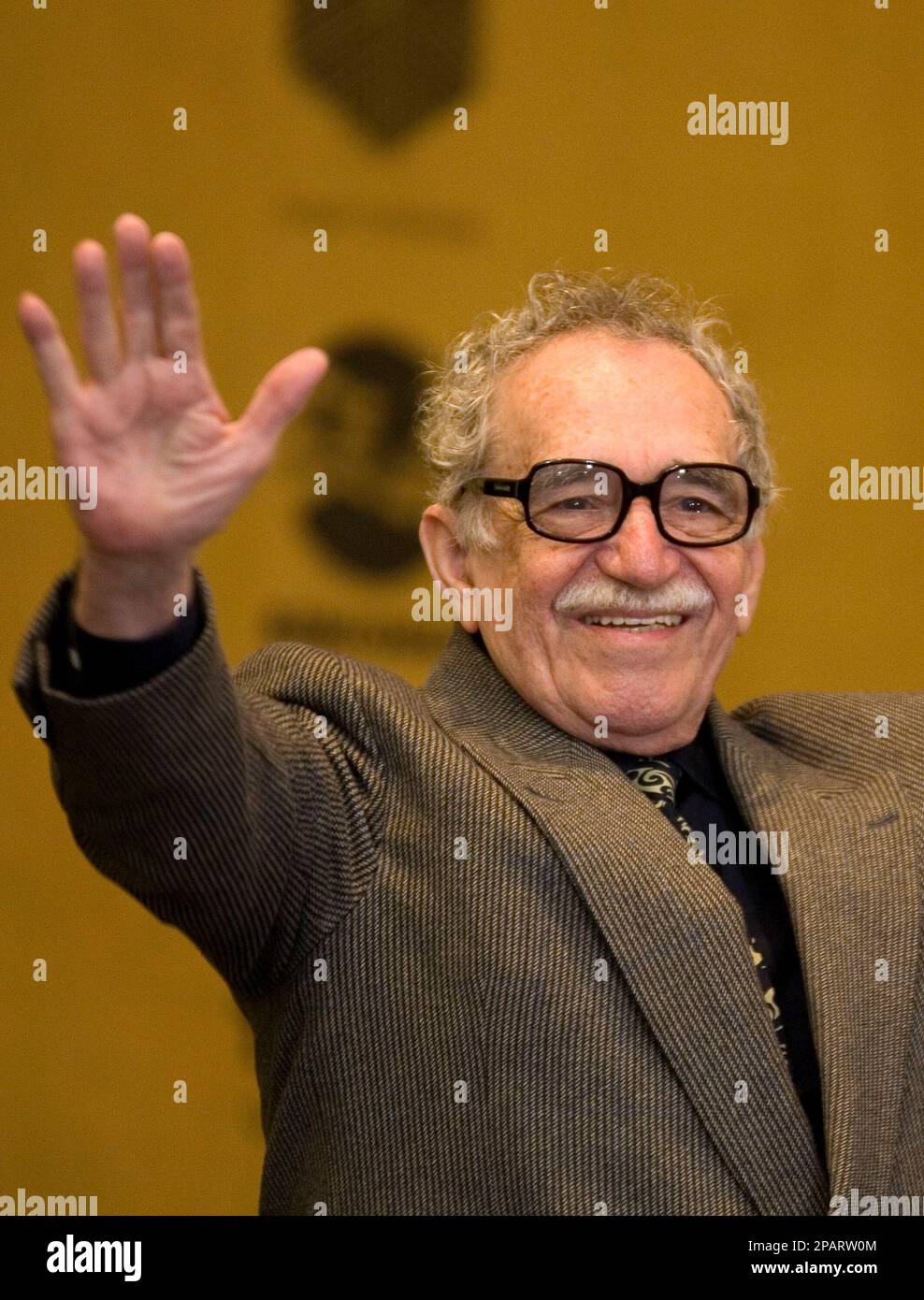Colombian writer Gabriel Garcia Marquez wave to fans during the ...
