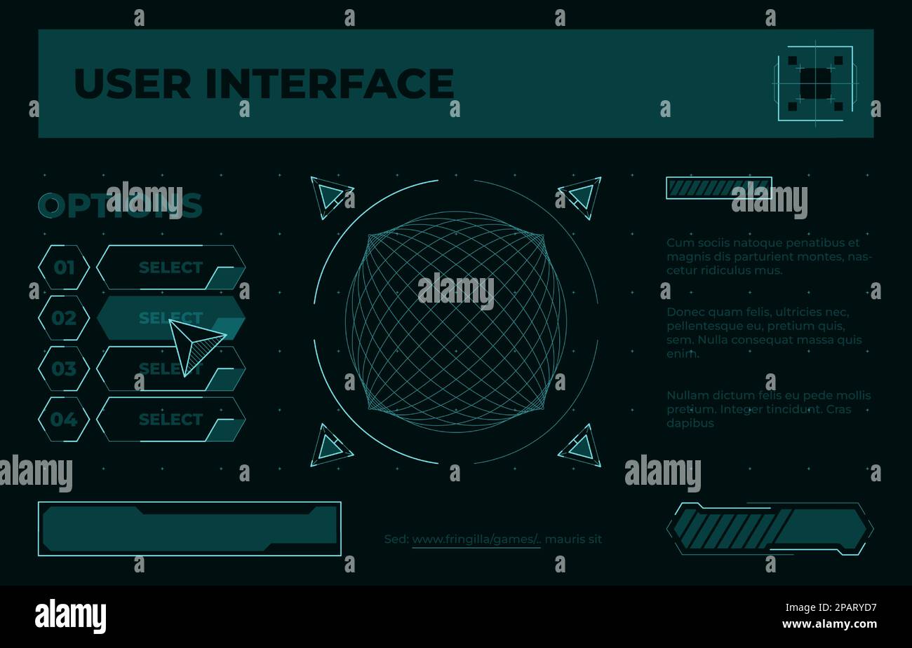 Futuristic menu screen. Game UI start screen with neon futuristic buttons frames arrows, game ...
