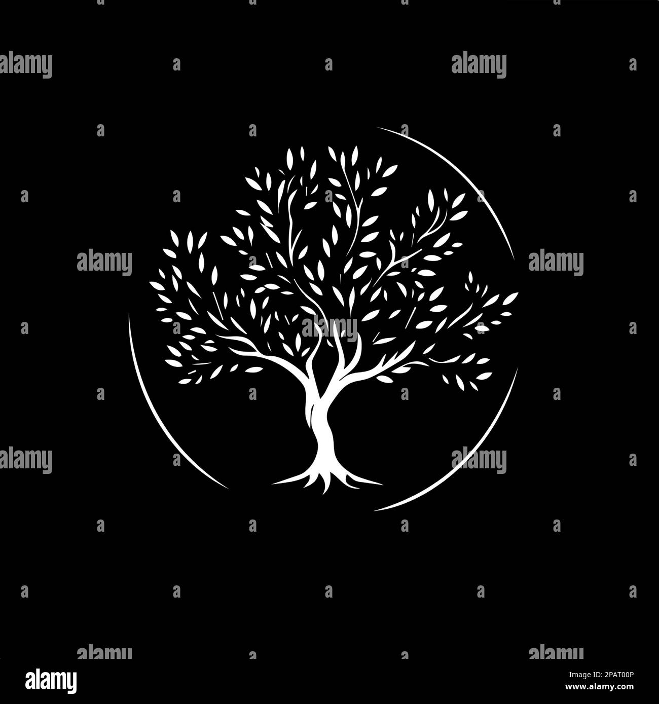 White icon of tree silhouette on black background, wise symbol ...