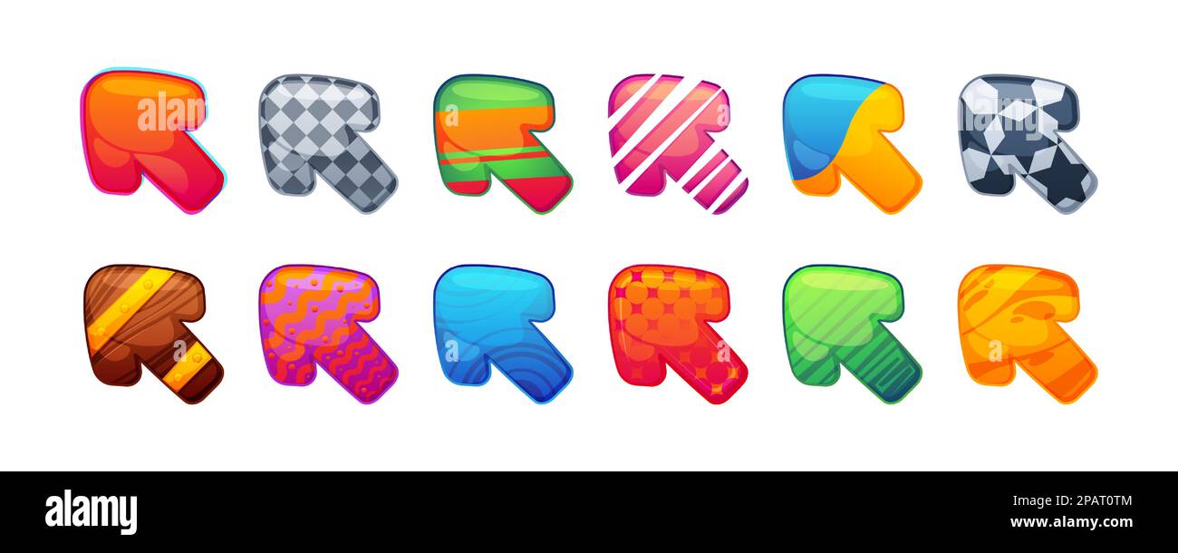 Cartoon game cursors. Cute gaming kit assets arrows different materials ...
