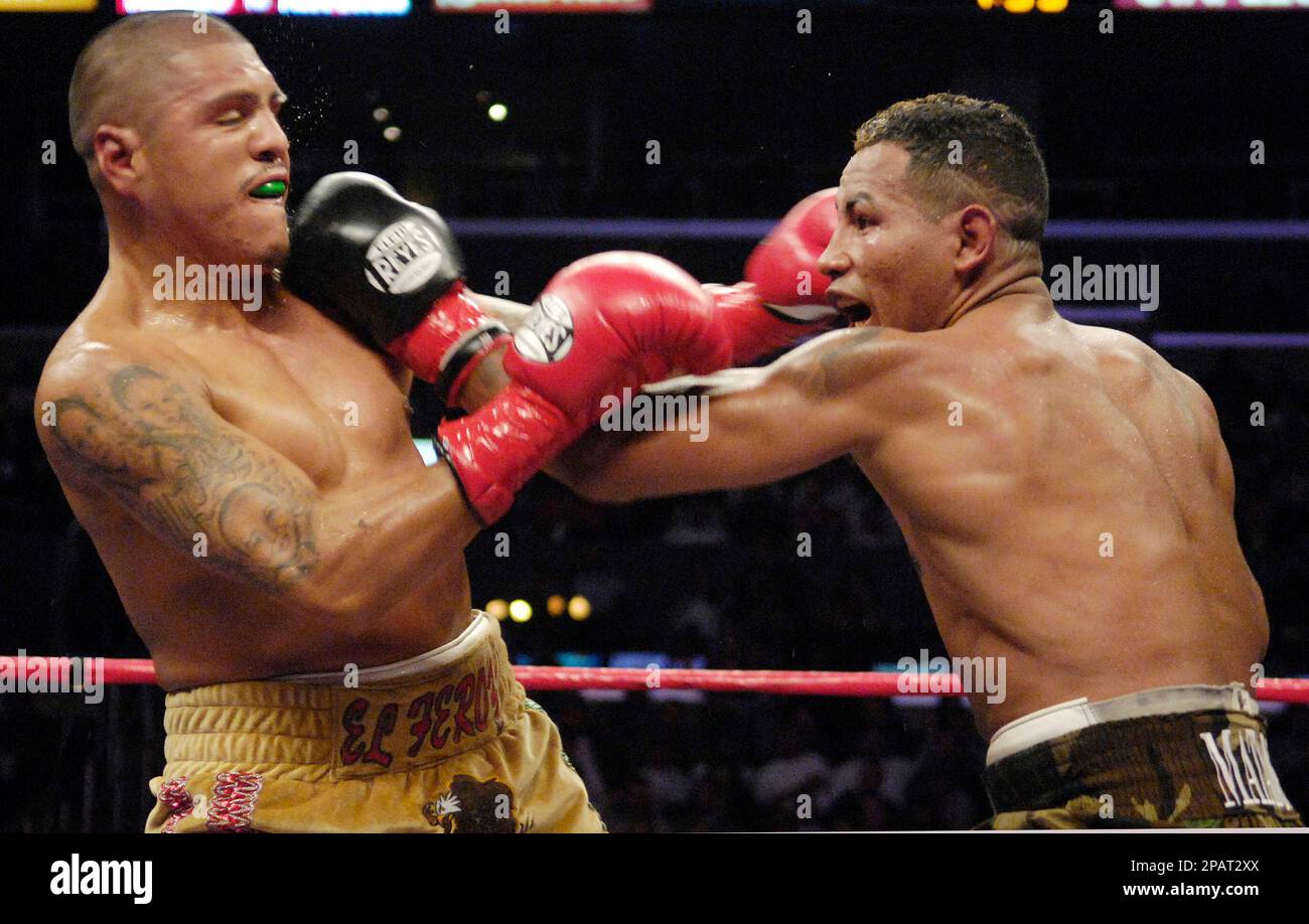 Ricardo Mayorga, right, lands a left jab to the face of Fernando Vargas ...