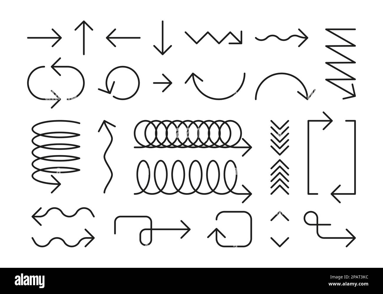 Line arrows. Minimalist doodle geometric pointers different forms, simple thin linear spiral ...