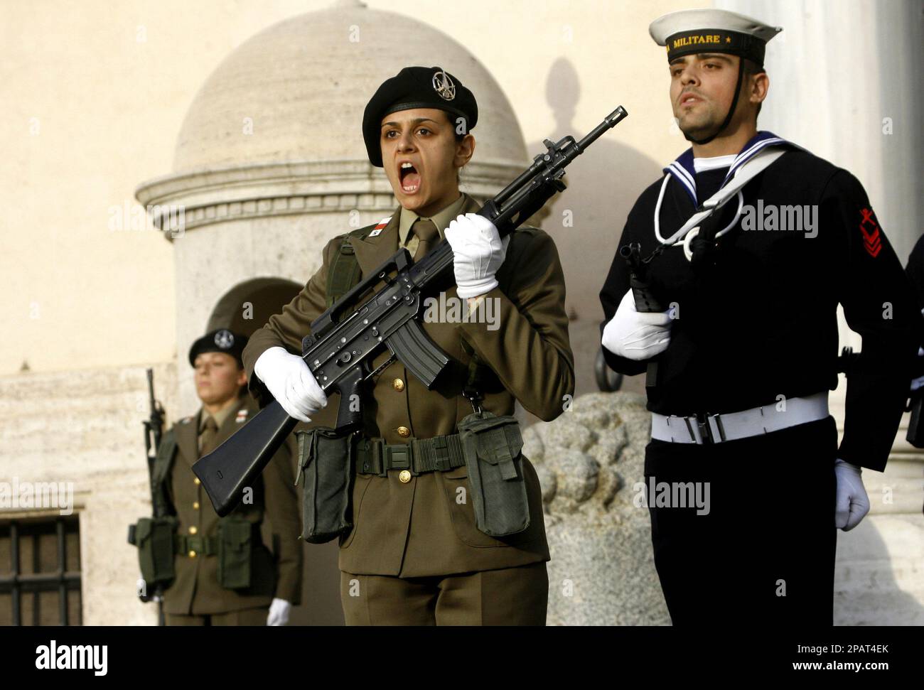 A women Honor Guards shouts during the Change of Guard ceremony at the ...