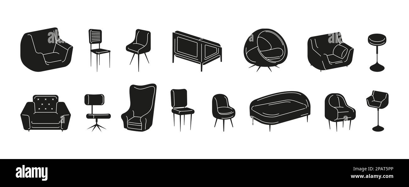 Silhouette chairs. Black comfortable seating furniture objects, doodle ...