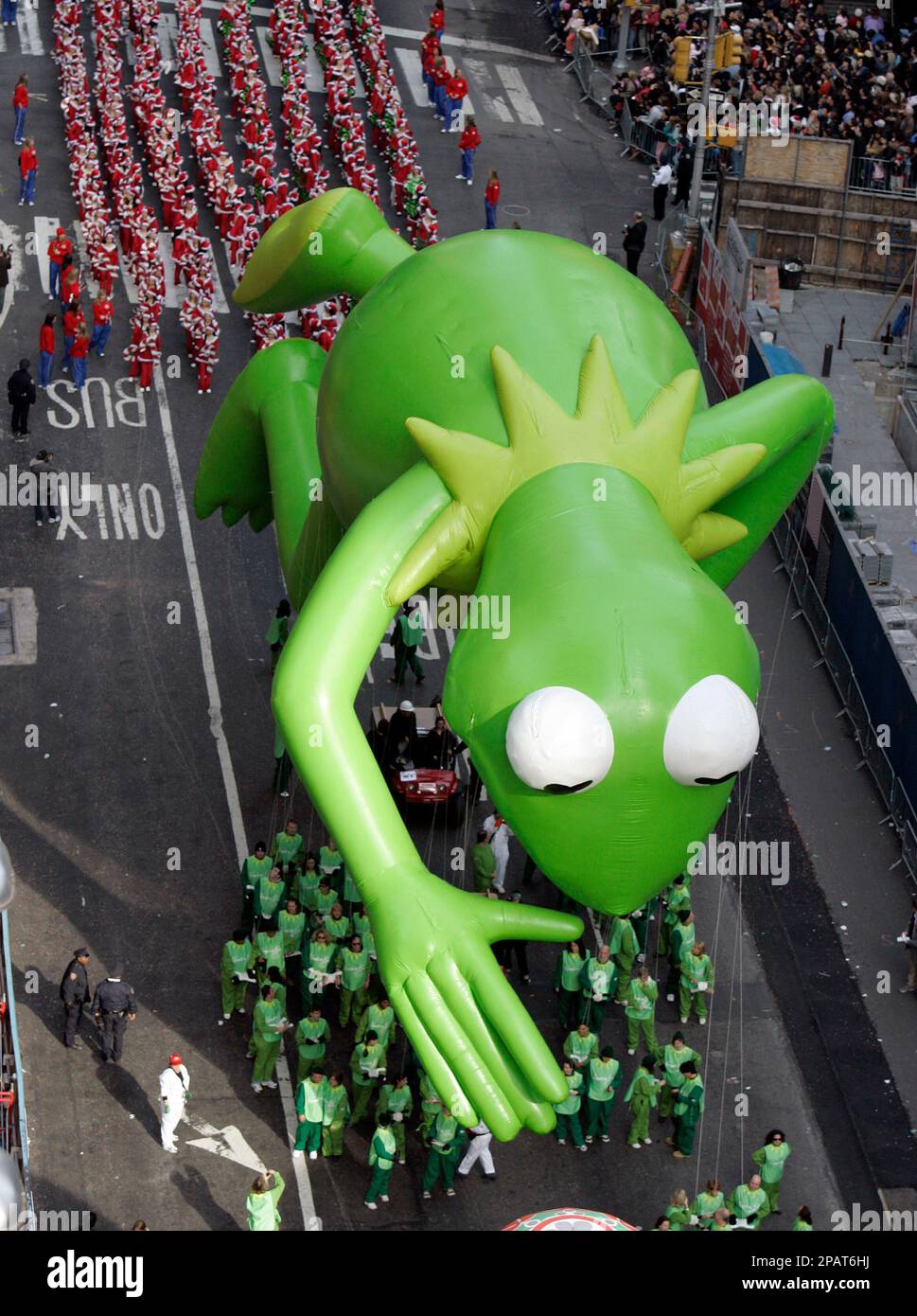 The Kermit the Frog balloon makes its way down Broadway during the Macy ...