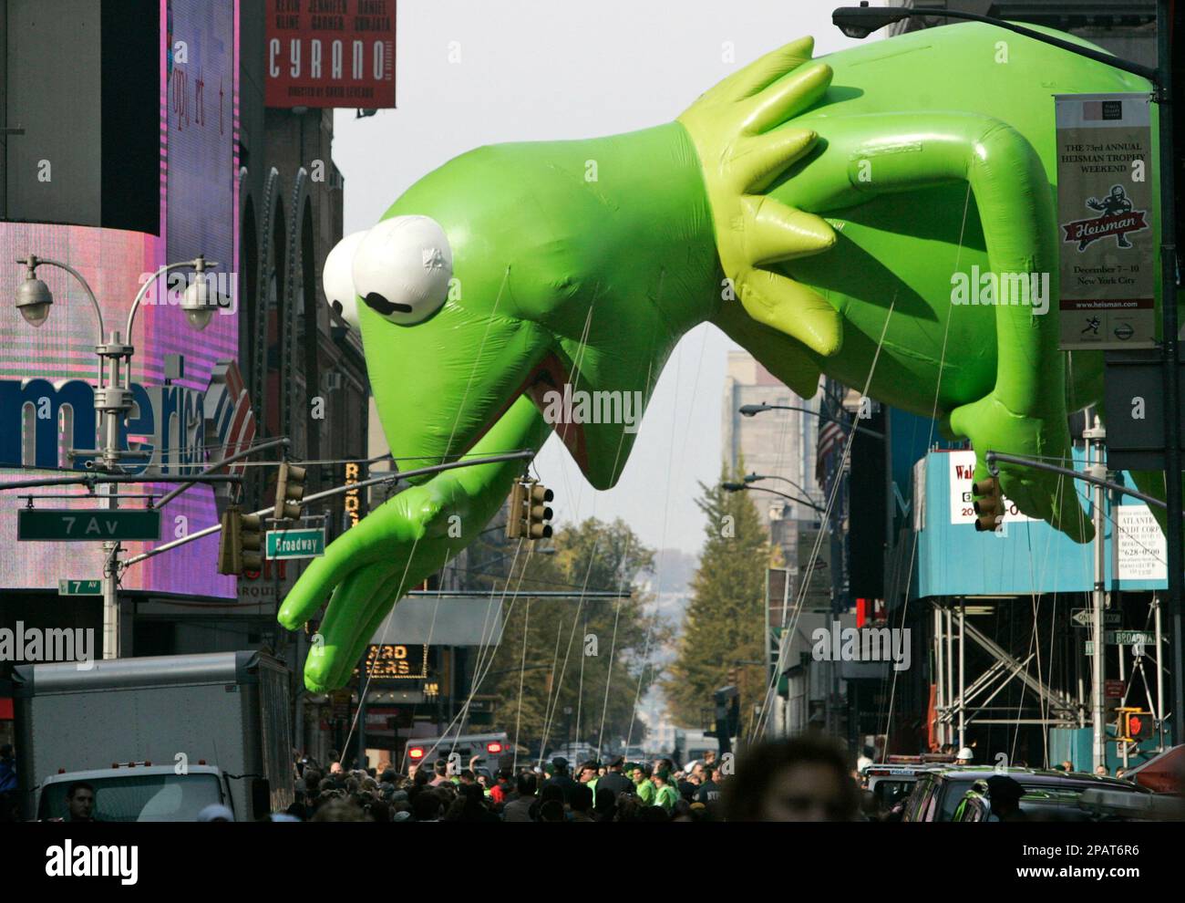 The Kermit the Frog balloon moves through Times Square during the Macy ...