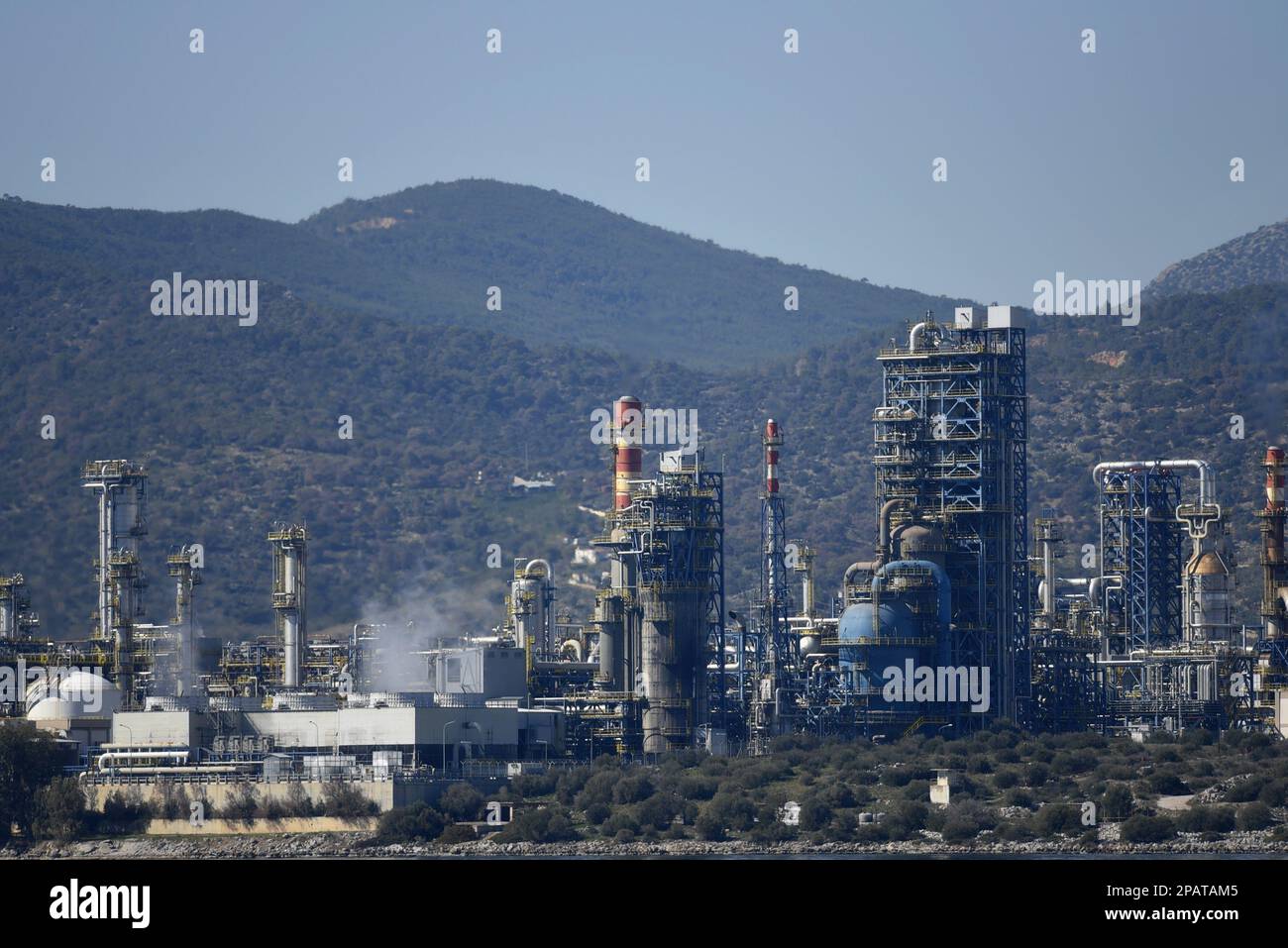 Landscape with scenic view of the Elefsina refinery at the homonym Bay ...
